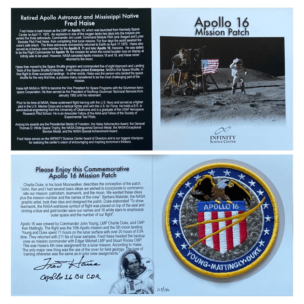 Apollo 16 Mission Patch Cards Autographed by Fred Haise - The INFINITY Science Center